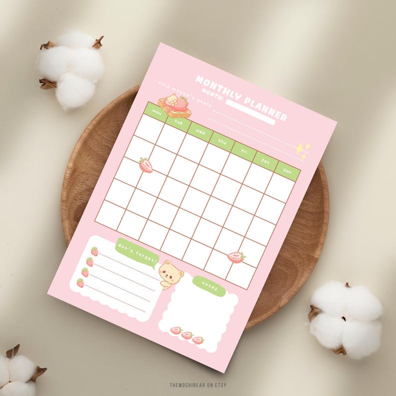 Printable Daily, Weekly & Monthly Planner: Bear Strawberry Theme, A4 ...