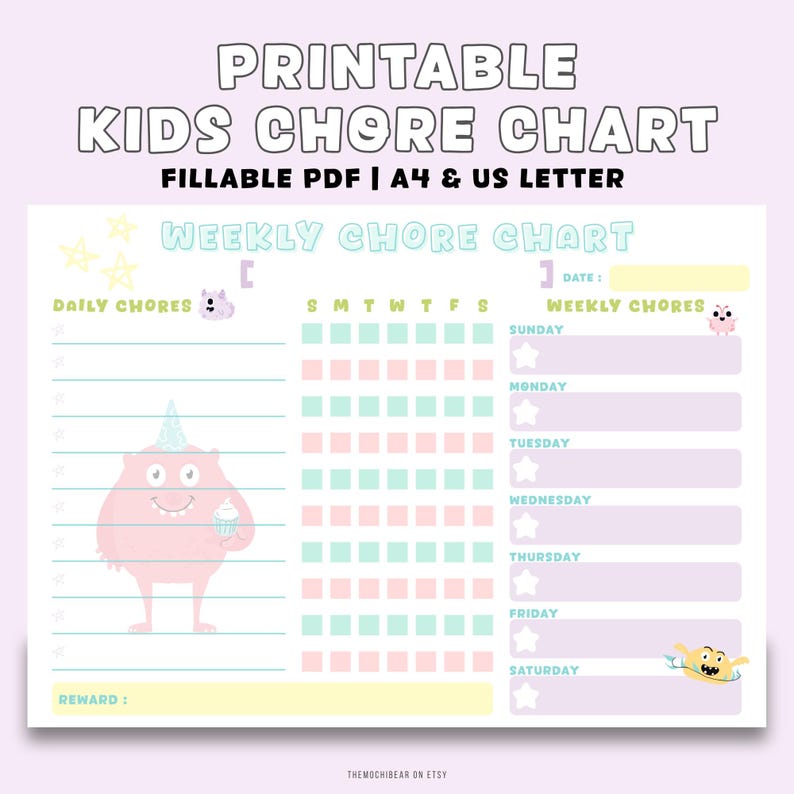 Monster Kids Chore Chart: Weekly Fillable PDF, A4/US Letter (instant ...