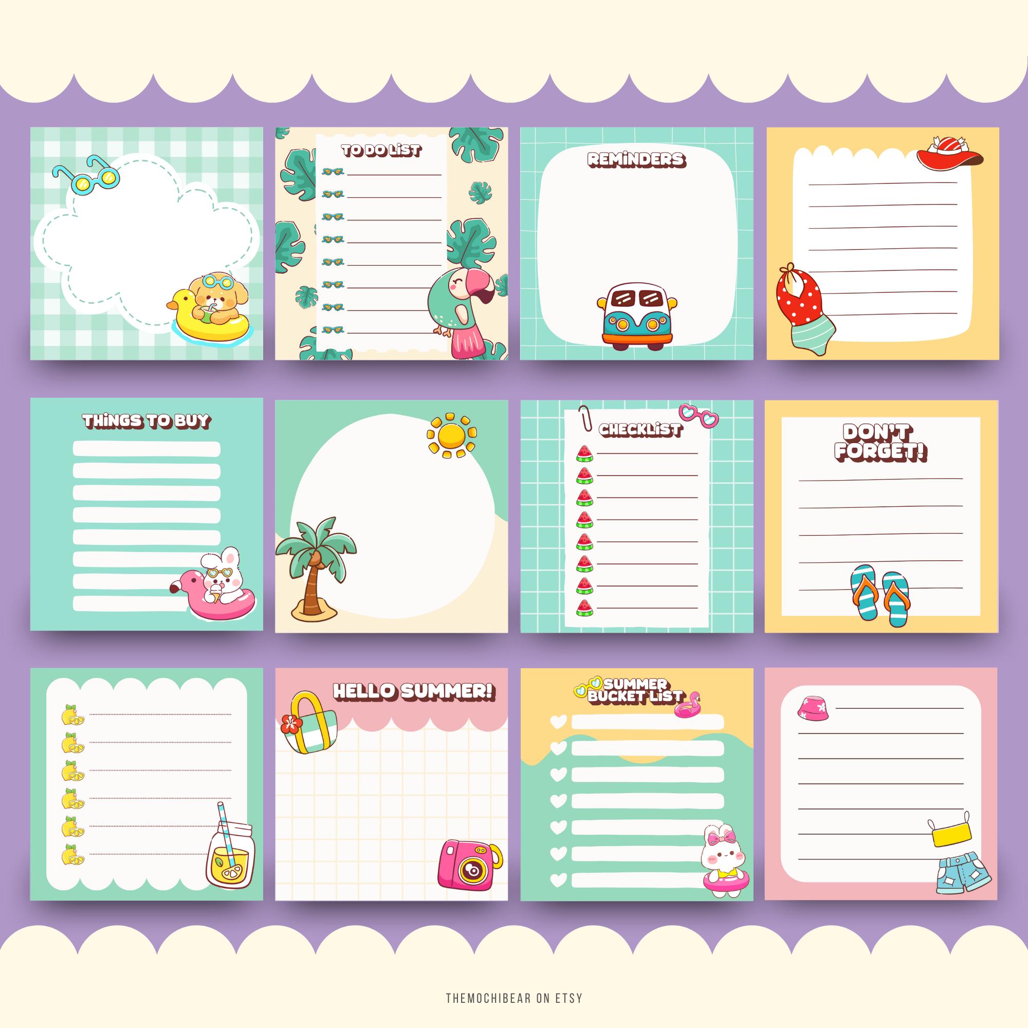 Printable Summer Themed Memo Pad: 12 Cute Designs, 3x3", PNG + PDF (A4 ...