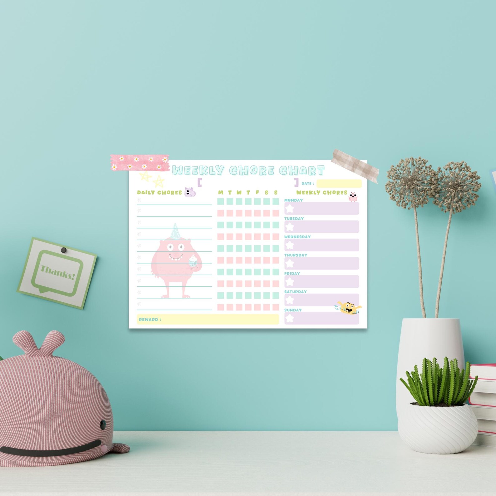 Monster Kids Chore Chart: Weekly Fillable PDF, A4/US Letter (instant ...