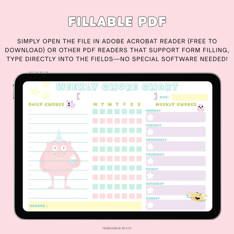 Monster Kids Chore Chart: Weekly Fillable PDF, A4/US Letter (instant ...