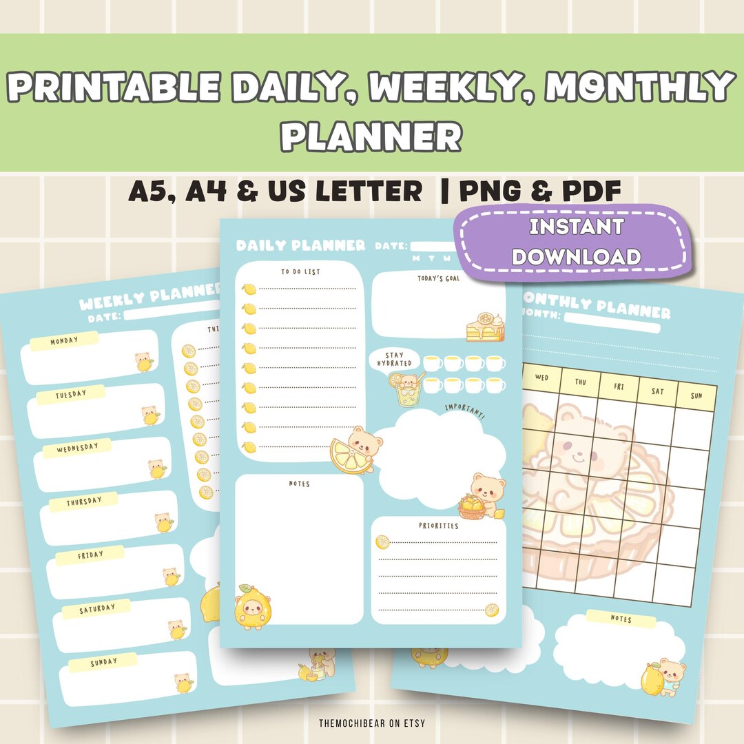 Printable Daily Weekly Monthly Planner, Kawaii Bear Lemon Planner, A4 ...