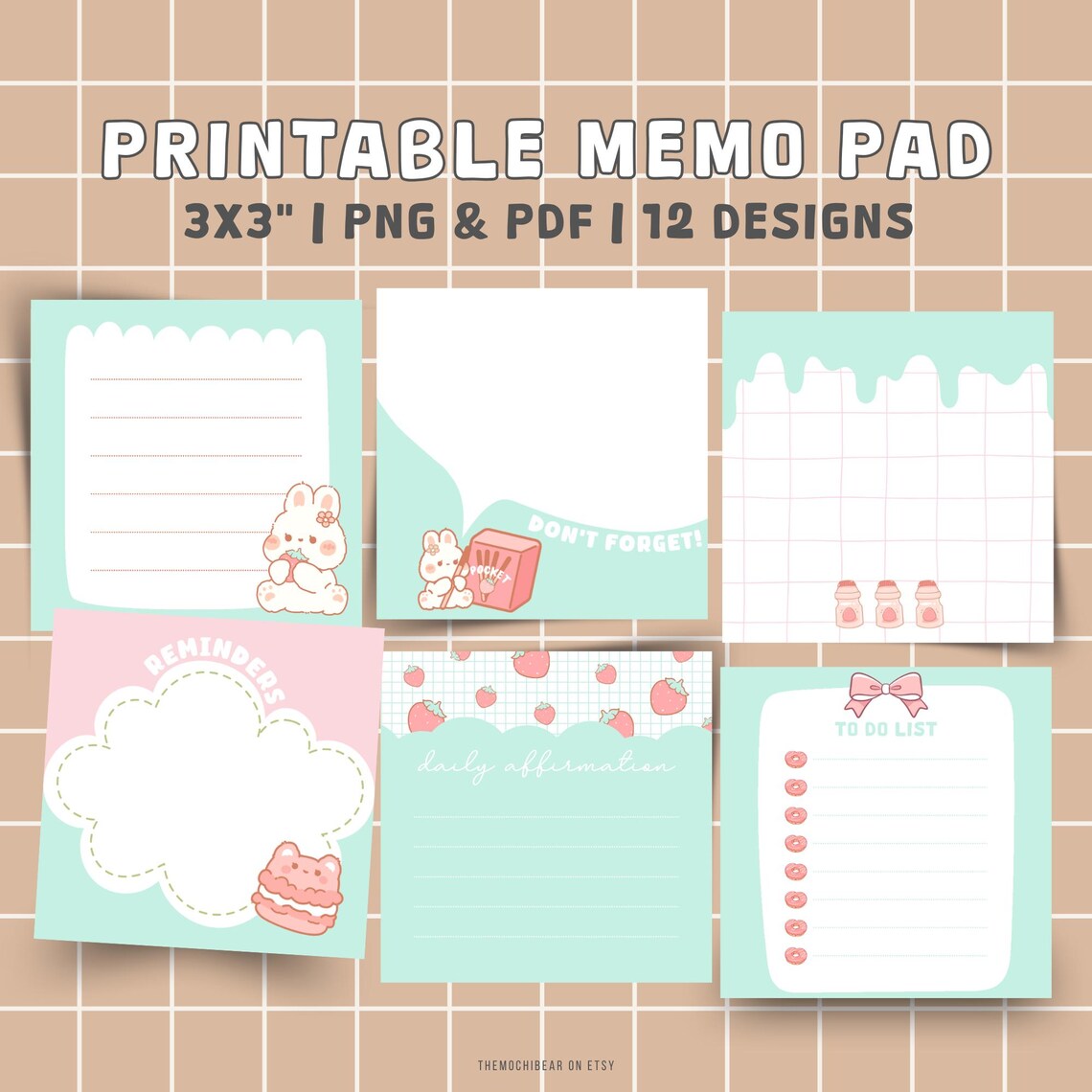 Kawaii Food Printable Memo Pad: 3"x3”, 12 Cute Designs ,PNG & PDF (A4 ...