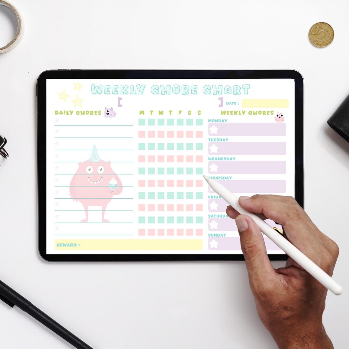 Monster Kids Chore Chart: Weekly Fillable PDF, A4/US Letter (instant ...