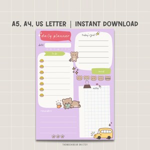 Printable Daily Planner, A5, A4, US Letter, Cute Bear Theme, Digital ...