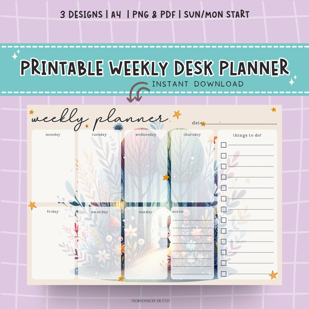 Printable Weekly Desk Planner | A4 Size | 3 Different Backgrounds | Sun ...