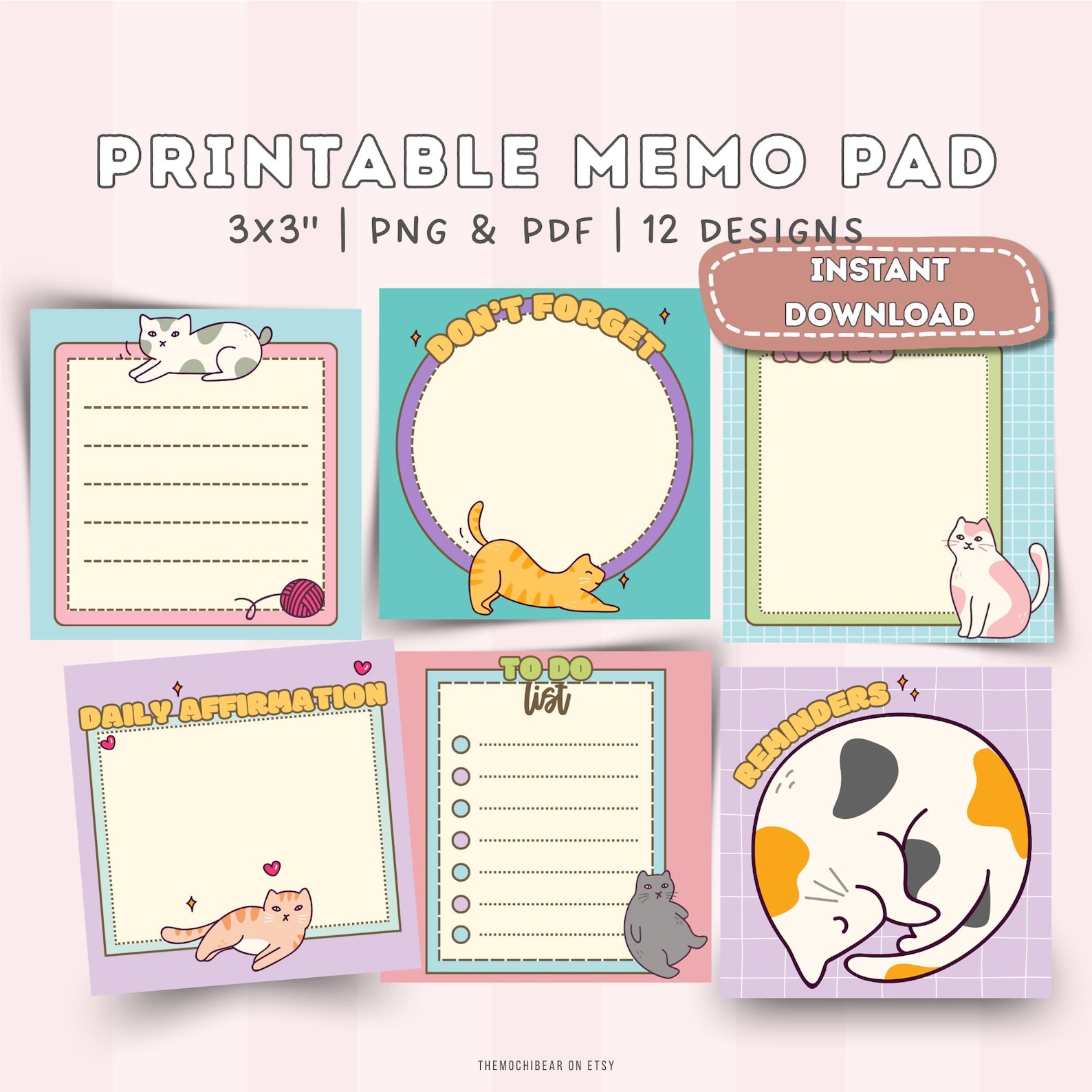 Cute Cat Printable Memo Pad: 12 Designs, 3x3” PNG&PDF (A4, US Letter ...