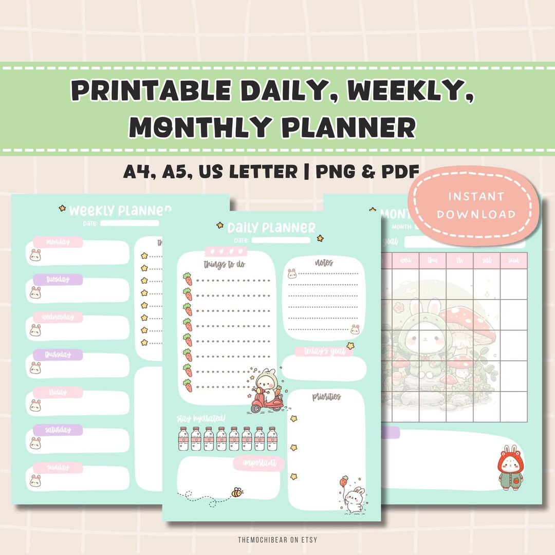 Kawaii Pastel Mint Bunny Printable Planner: Daily, Weekly, Monthly, A4 ...
