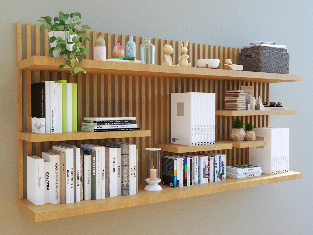 Modern Wall-mounted Bookshelf | Customizable 3D Model (SKP + DWG + PDF ...