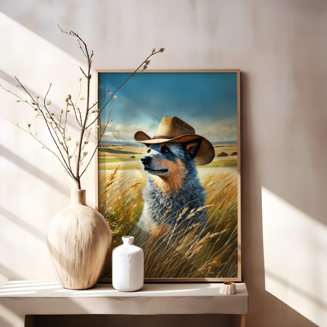 Heeler Cowdog Art Print, Australian Cattle Dog Wall Art, Dog in Cowboy ...