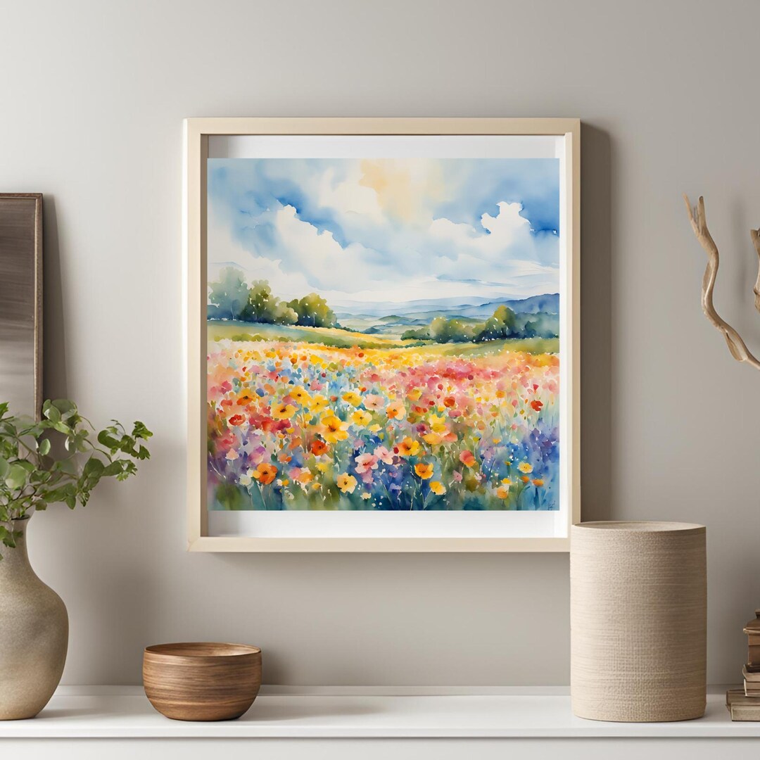 Colorful Printable Spring Flower Field Landscape a Water Colored ...