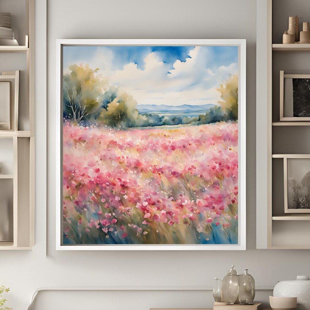 Printable Spring Flower Field Landscape a Water Colored Looking ...