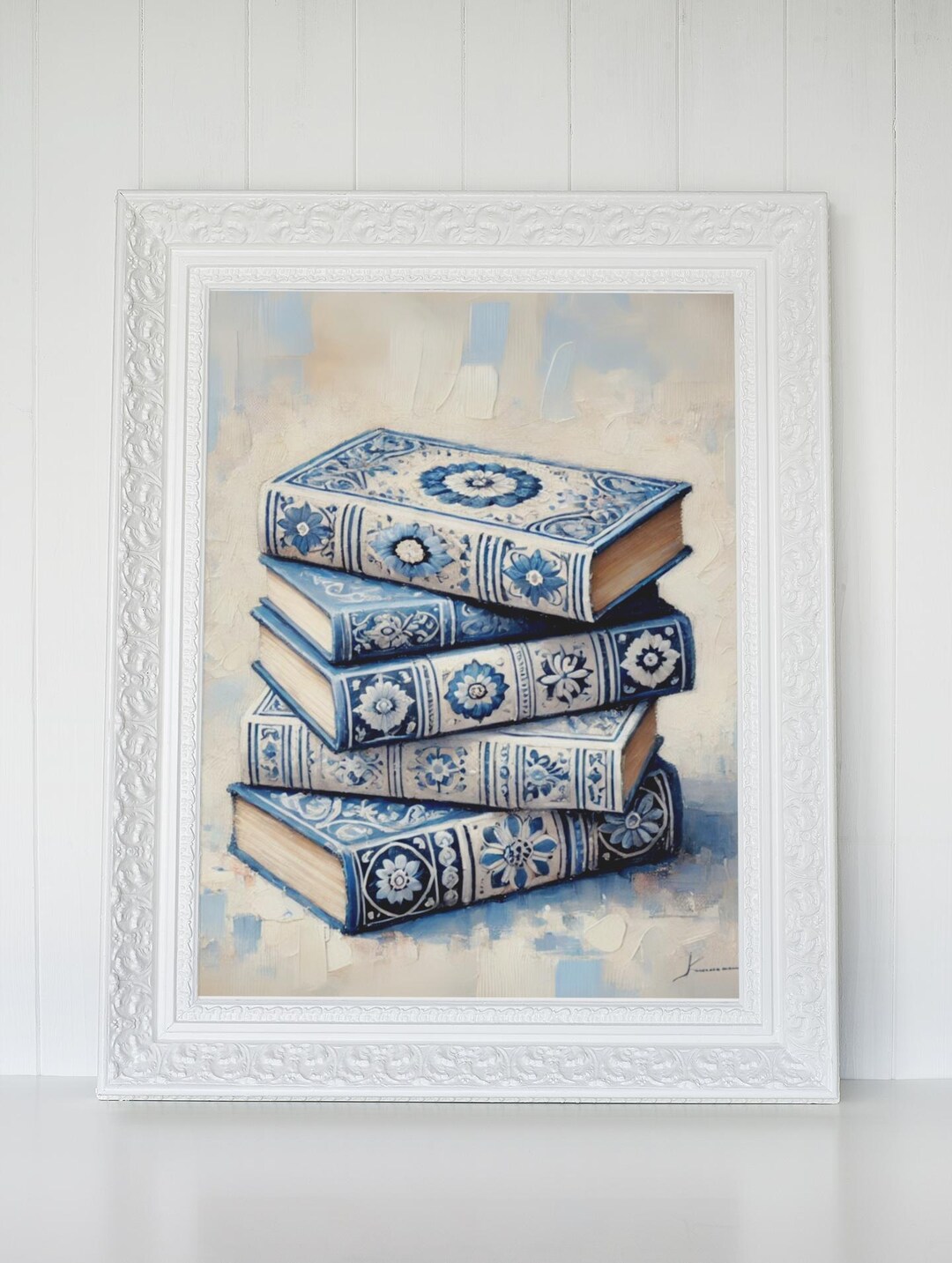 Blue Floral Book Stack Painting | Pastel Reading Nook Wall Art Print ...