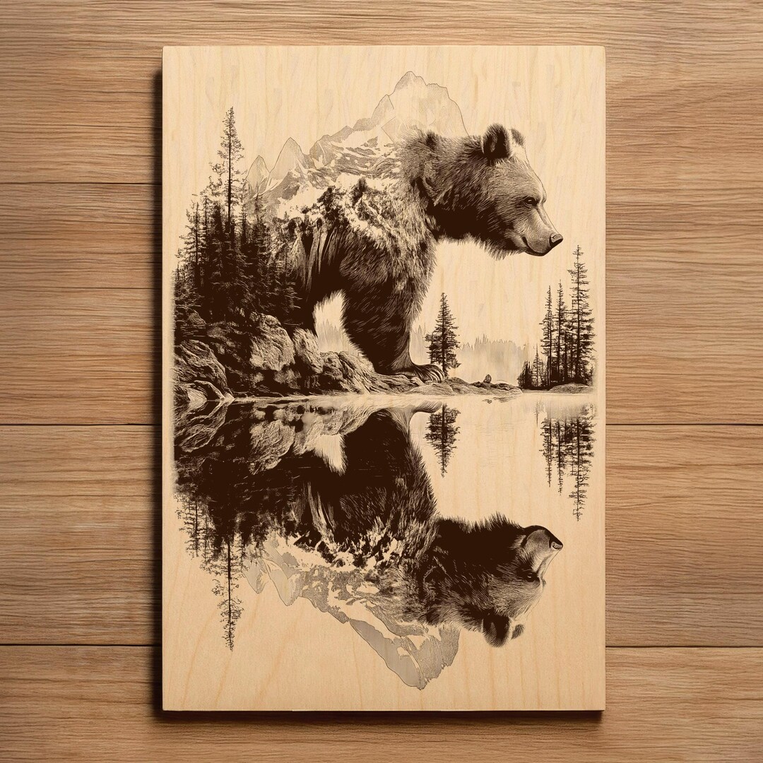 Bear Laser Engraving File - Ready to Engrave PNG - Double Exposure Lake ...