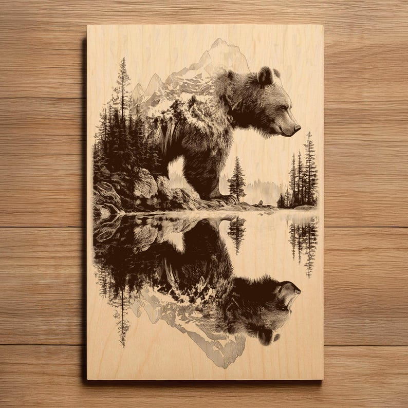 Bear Laser Engraving File - Ready to Engrave PNG - Double Exposure Lake ...