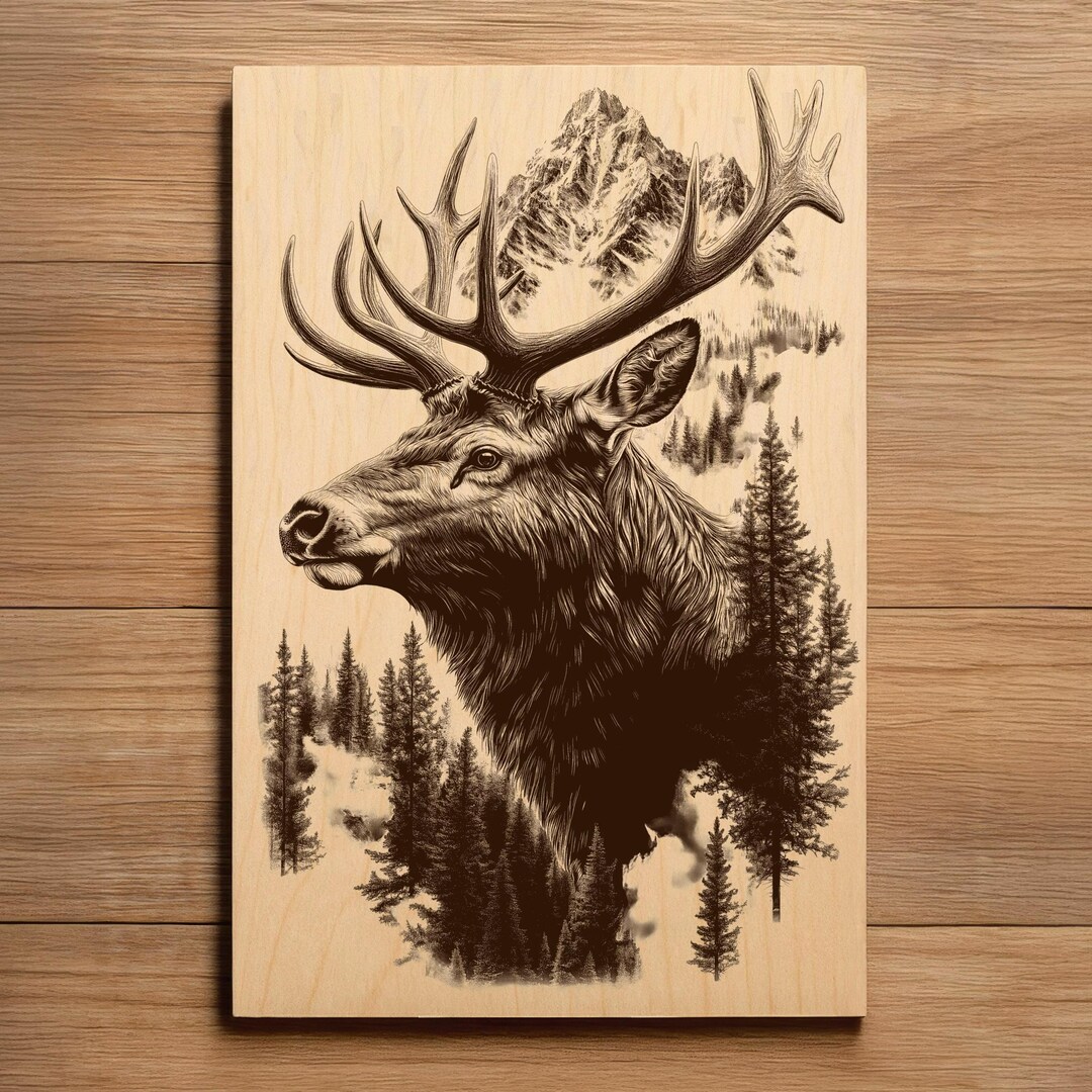 Elk Laser Engraving File - Ready to Engrave PNG - Double Exposure Elk ...