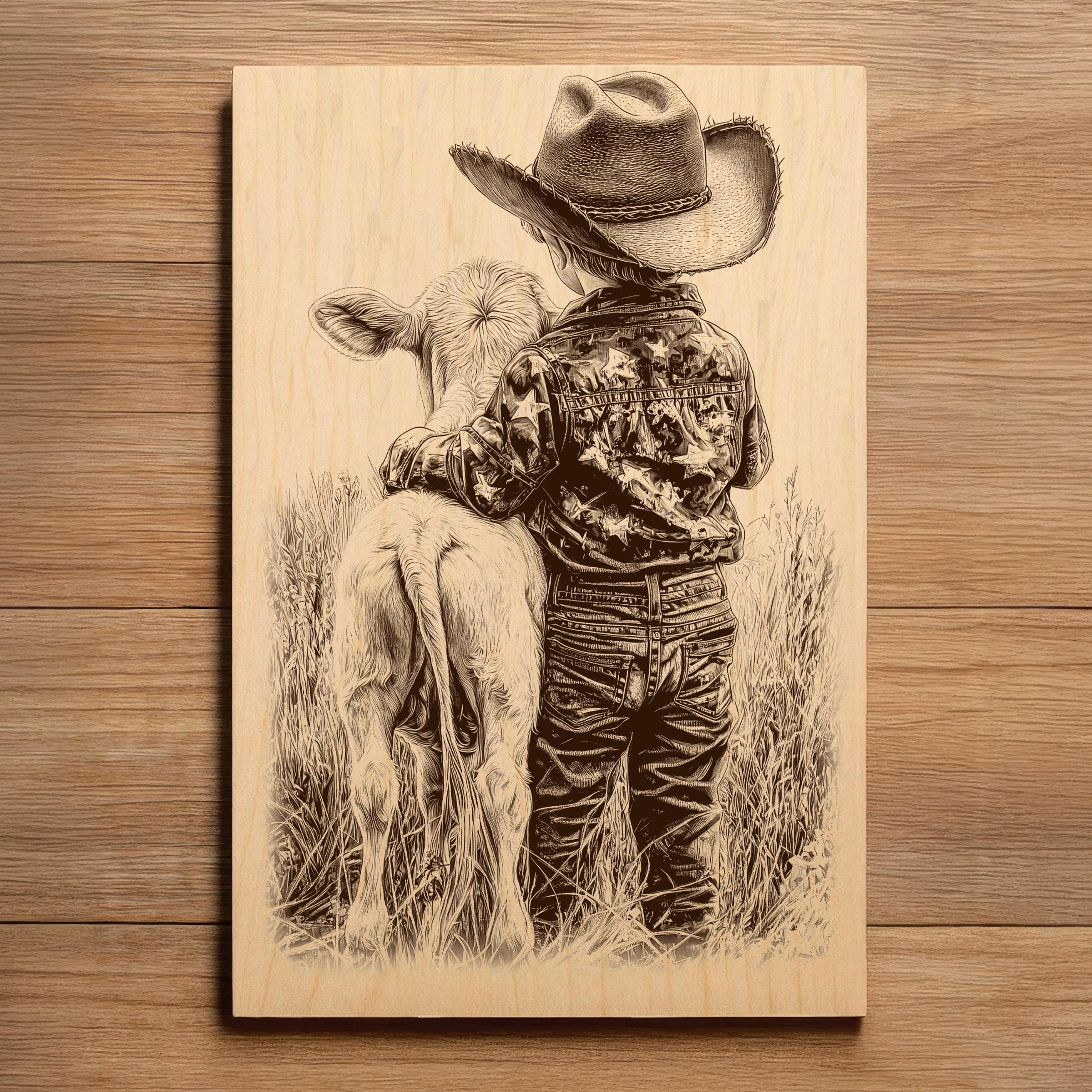 Cowboy Laser Engraving File - Ready to Engrave PNG - Young Farm Boy ...
