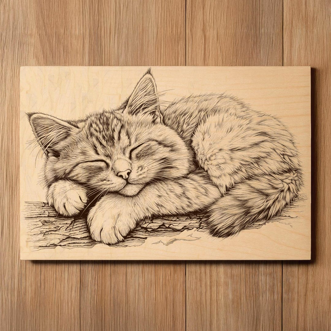 Sleeping Kitten Laser Engraving File - Ready to Engrave PNG - Farm Cat ...