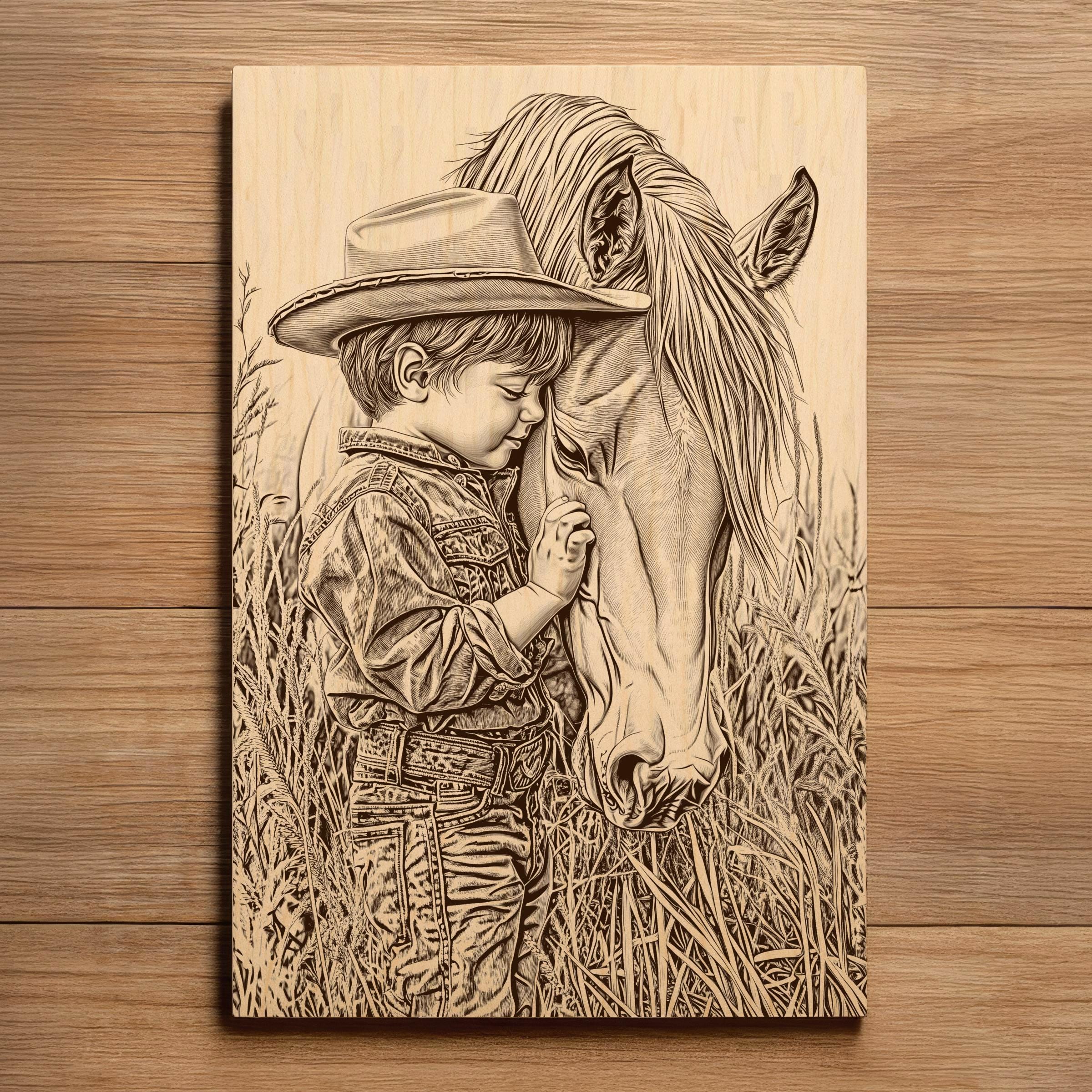 Cowboy Laser Engraving File - Ready to Engrave PNG - Young Cowboy Scene ...