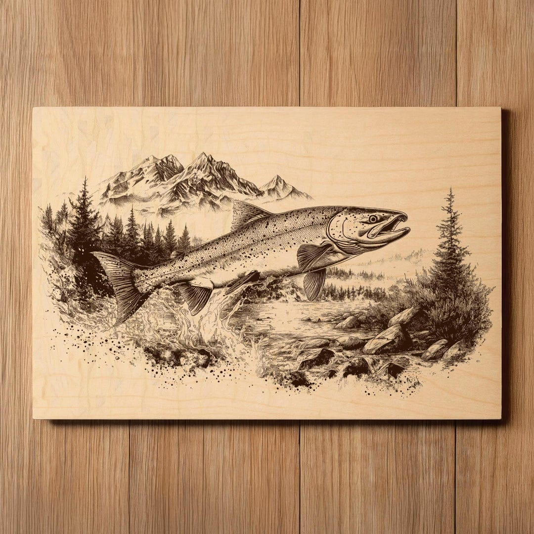 Salmon Laser Engraving File - Ready to Engrave PNG - Leaping Fish Scene ...