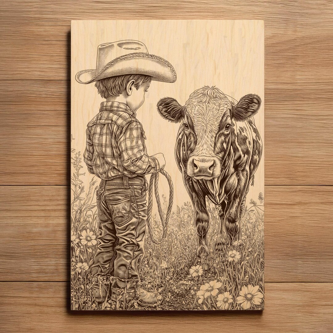 Young Cowboy Laser Engraving File - Ready to Engrave PNG - Farm Boy Cow ...