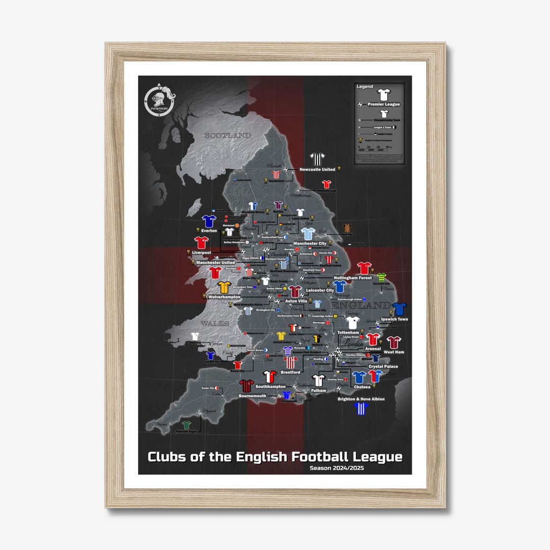 English Football Clubs Map A3 Framed Print - Etsy