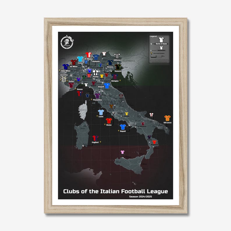 Italian Football Clubs Map A3 Framed Print - Etsy