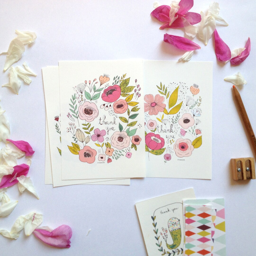 Floral Thank You Cards Set, Simple Cards, Pink Flowers Illustration - Etsy