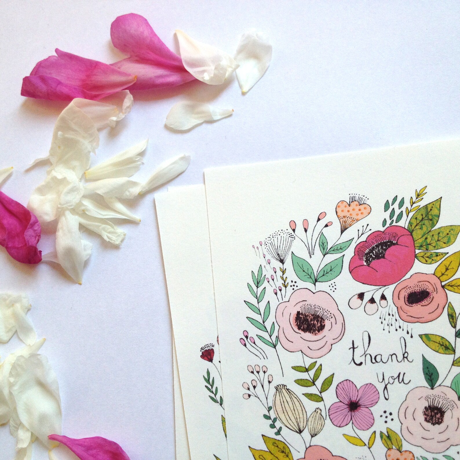 Floral Thank You Cards Set, Simple Cards, Pink Flowers Illustration - Etsy