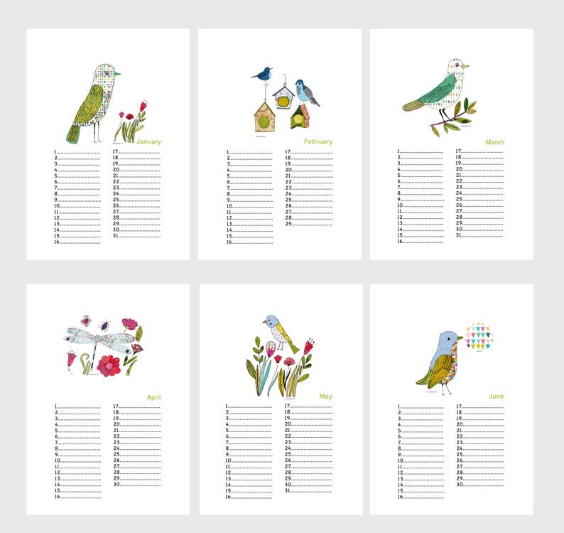Perpetual Birthday Calendar Birds Botanical Illustrations | Etsy