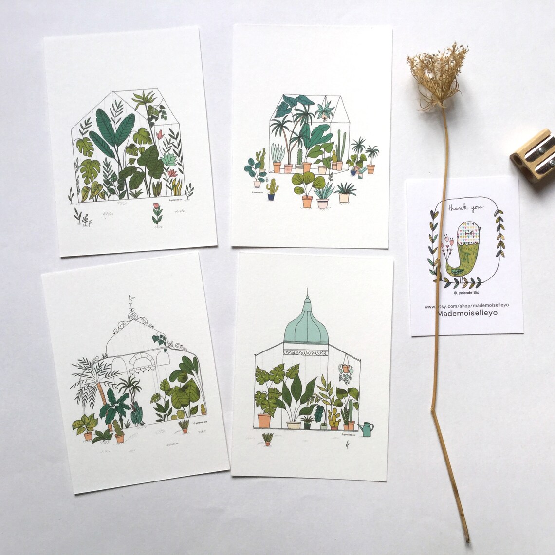 Botanical Cards Greenhouse 4 Cards Set - Etsy
