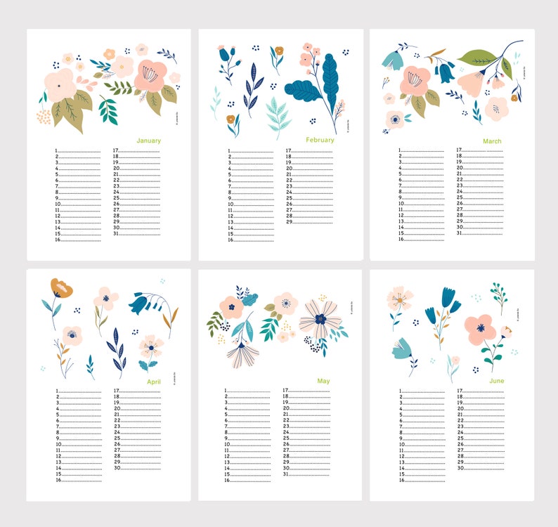 Floral Birthday Calendar, Perpetual Illustrated Calendar, Flowers ...
