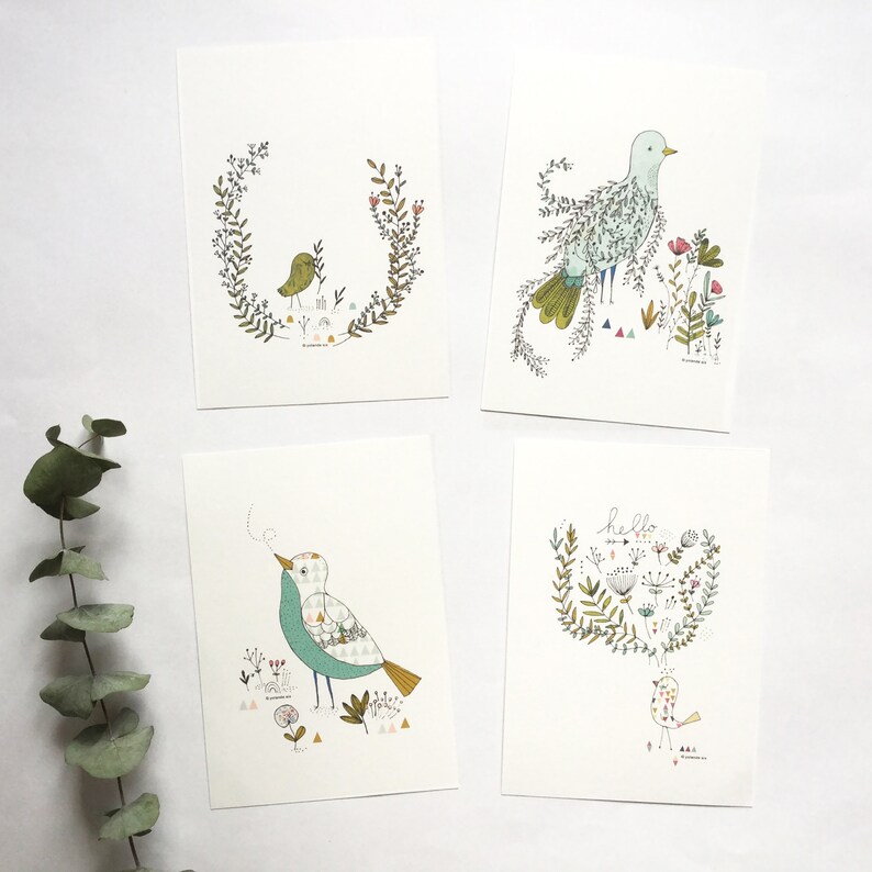 12 Birds and Botanical Cards - Etsy