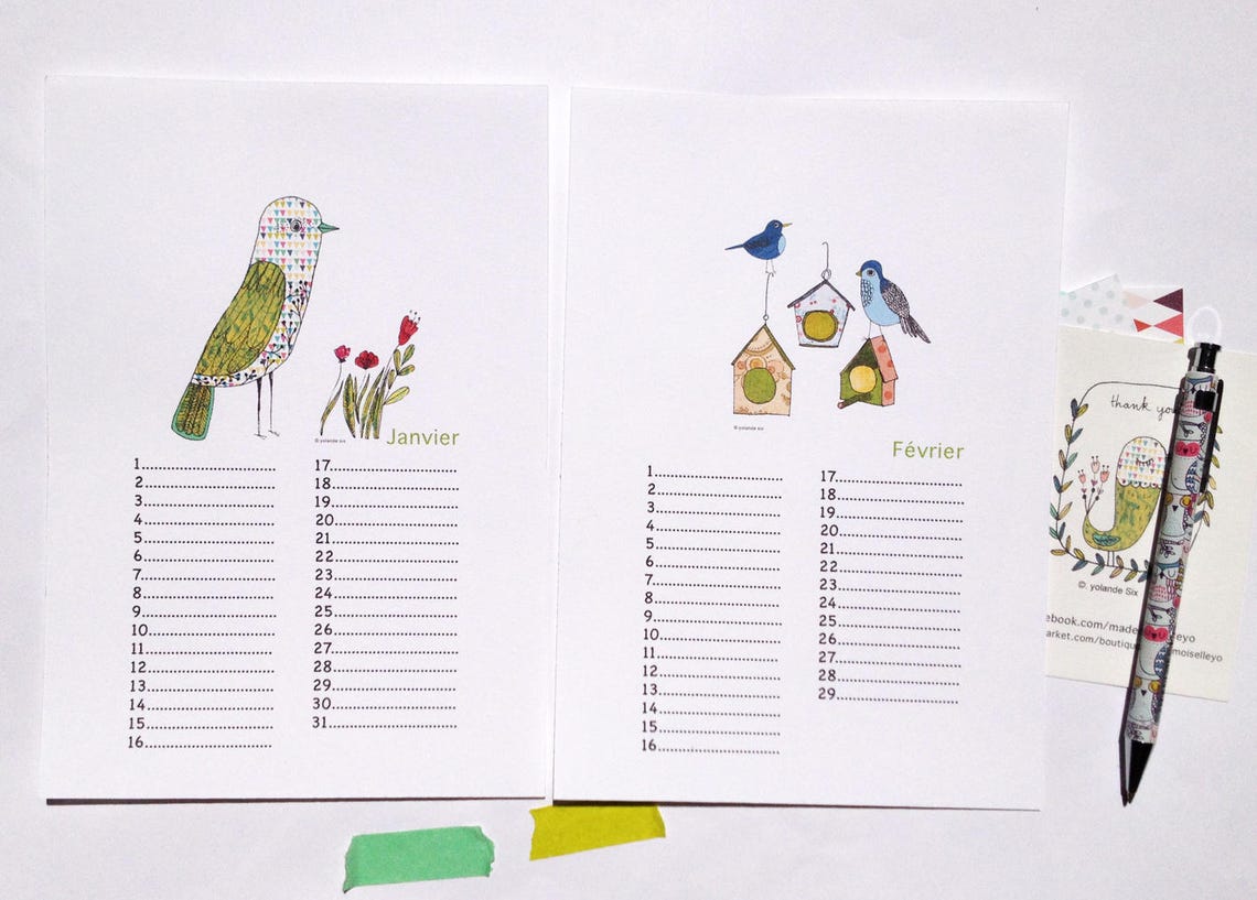 Perpetual Birthday Calendar Birds Botanical Illustrations | Etsy