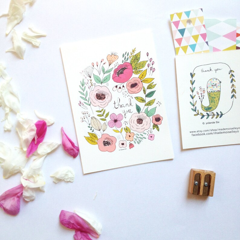 Floral Thank You Cards Set, Simple Cards, Pink Flowers Illustration - Etsy
