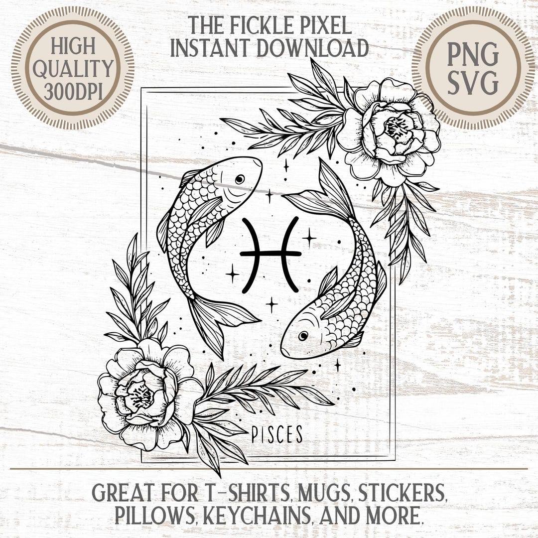Pisces Zodiac Sign Art | Black Ink Fish Illustration | Celestial Tattoo ...