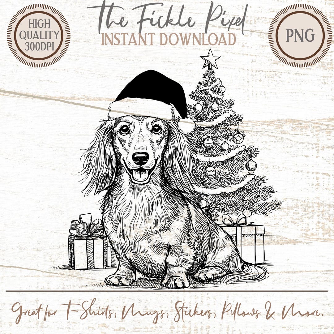 Long Haired Dachshund Santa Hat SVG PNG, Christmas Dog Line Art ...