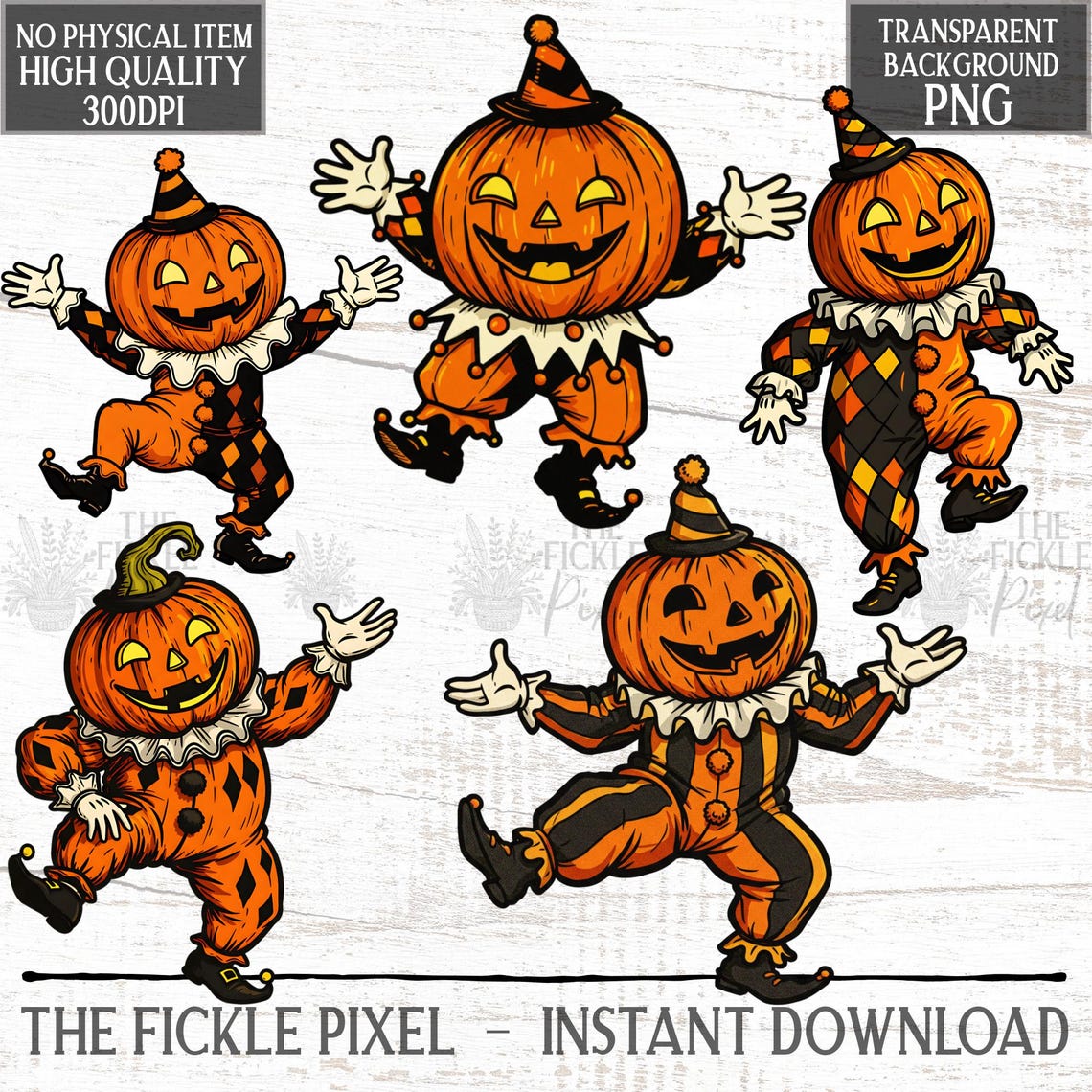Retro Halloween Jack-o’-lantern Clown PNG Bundle | 5 Vintage Pumpkin ...