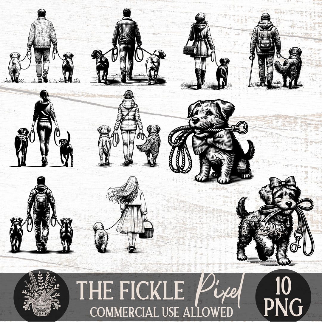 Dog Walker SVG PNG Bundle – Fun Clipart of Males and Females Dog & Pups ...