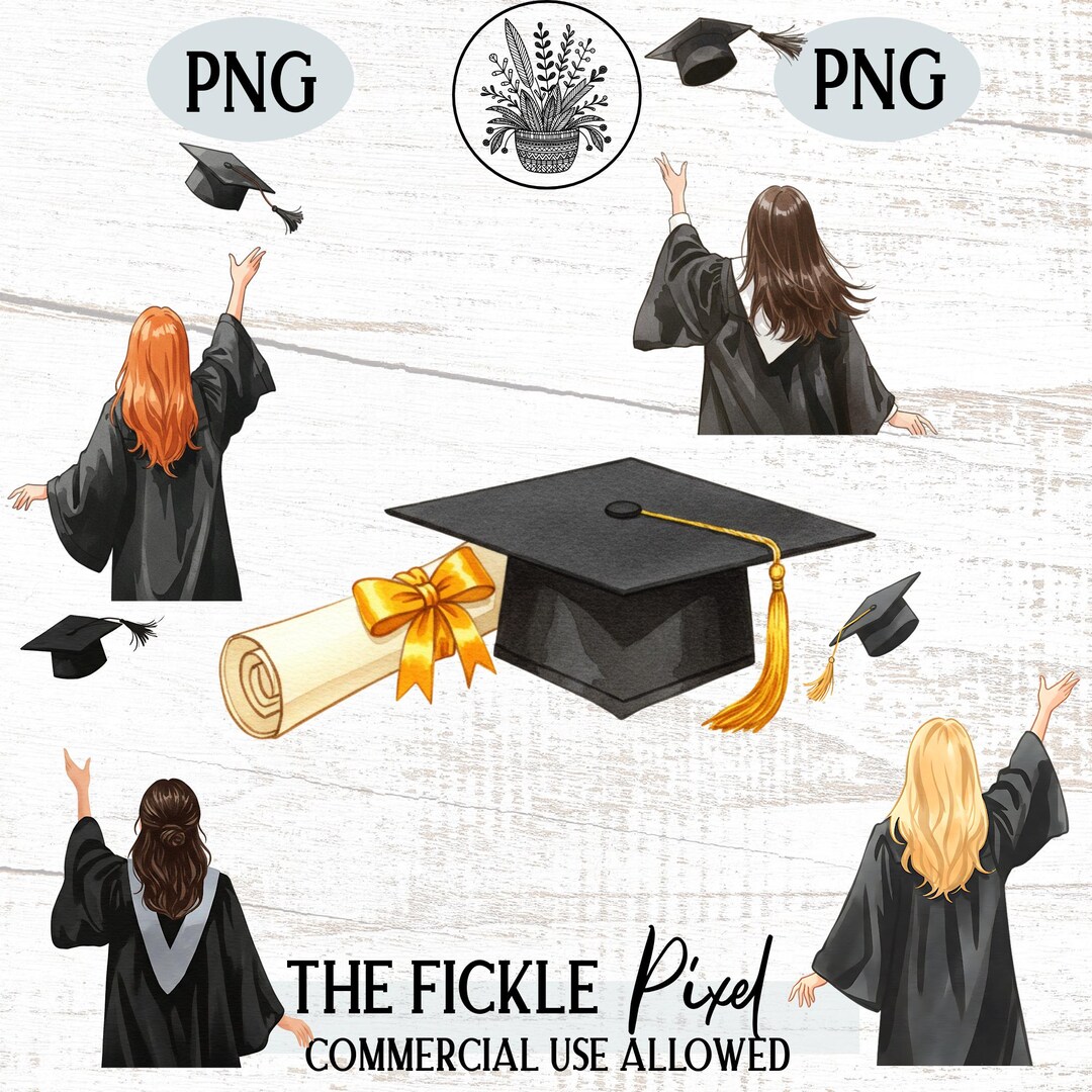 Graduation Girls Clipart PNG JPG | Watercolor Caps, Diplomas and Grad ...