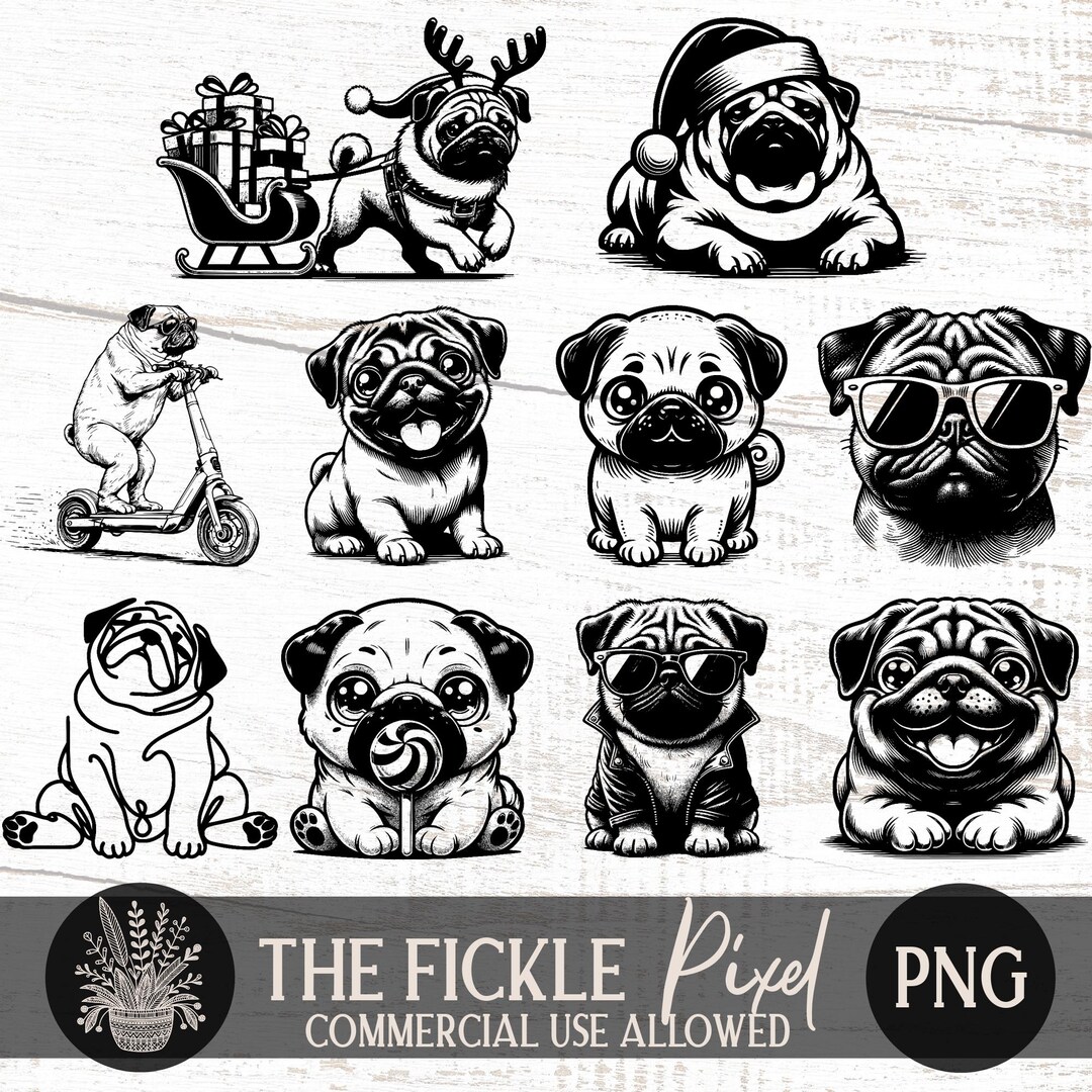 Pugs Funny Clipart PNG Bundle, Adorable Pug Images, Cute Dog Graphics ...