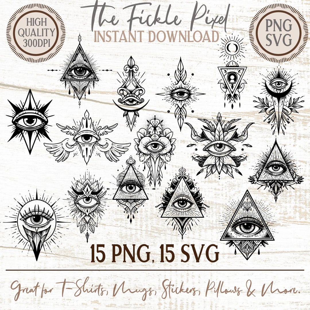 Mystical All Seeing Eye 15 PNG 15 SVG Bundle - Black Boho Eye Graphics ...