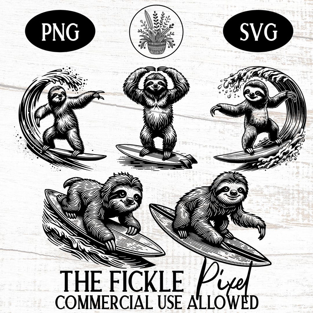 Surfing Sloth SVG PNG Clipart Bundle, Ocean Sloth Graphic, Digital ...