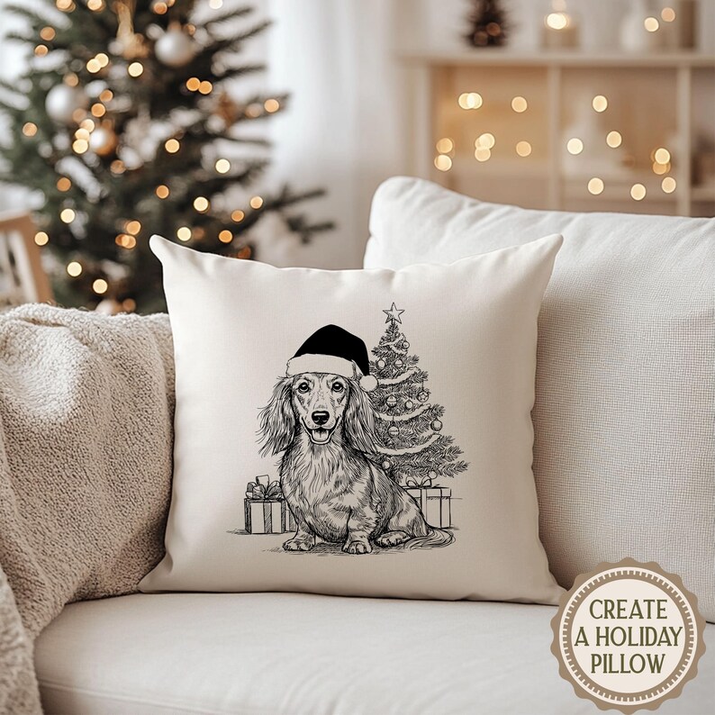 Long Haired Dachshund Santa Hat SVG PNG, Christmas Dog Line Art ...