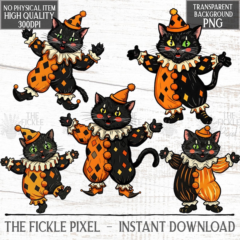 Retro Halloween Black Cat Clown PNG Bundle | 5 Vintage 1950s Clipart ...