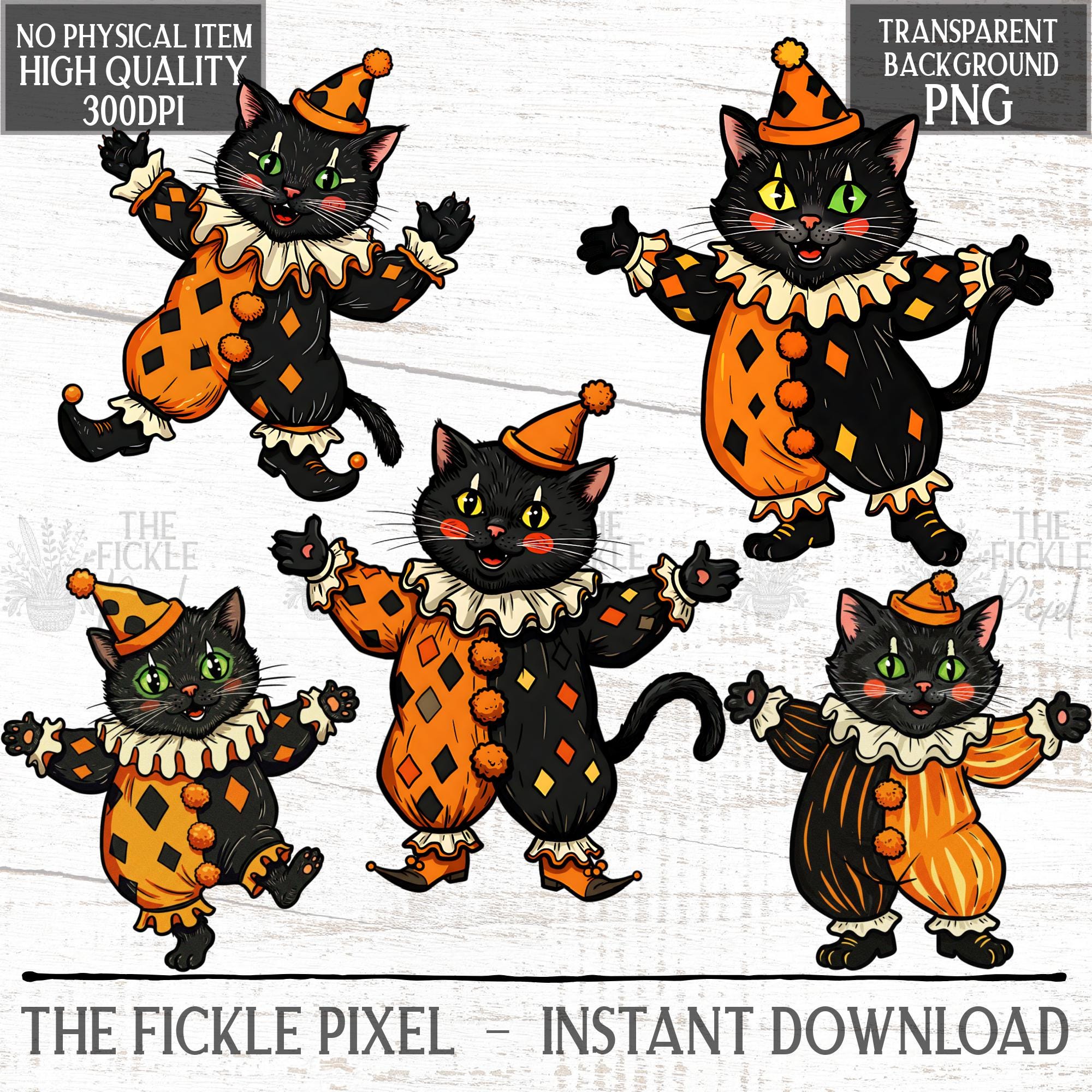 Retro Halloween Black Cat Clown PNG Bundle | 5 Vintage 1950s Clipart ...