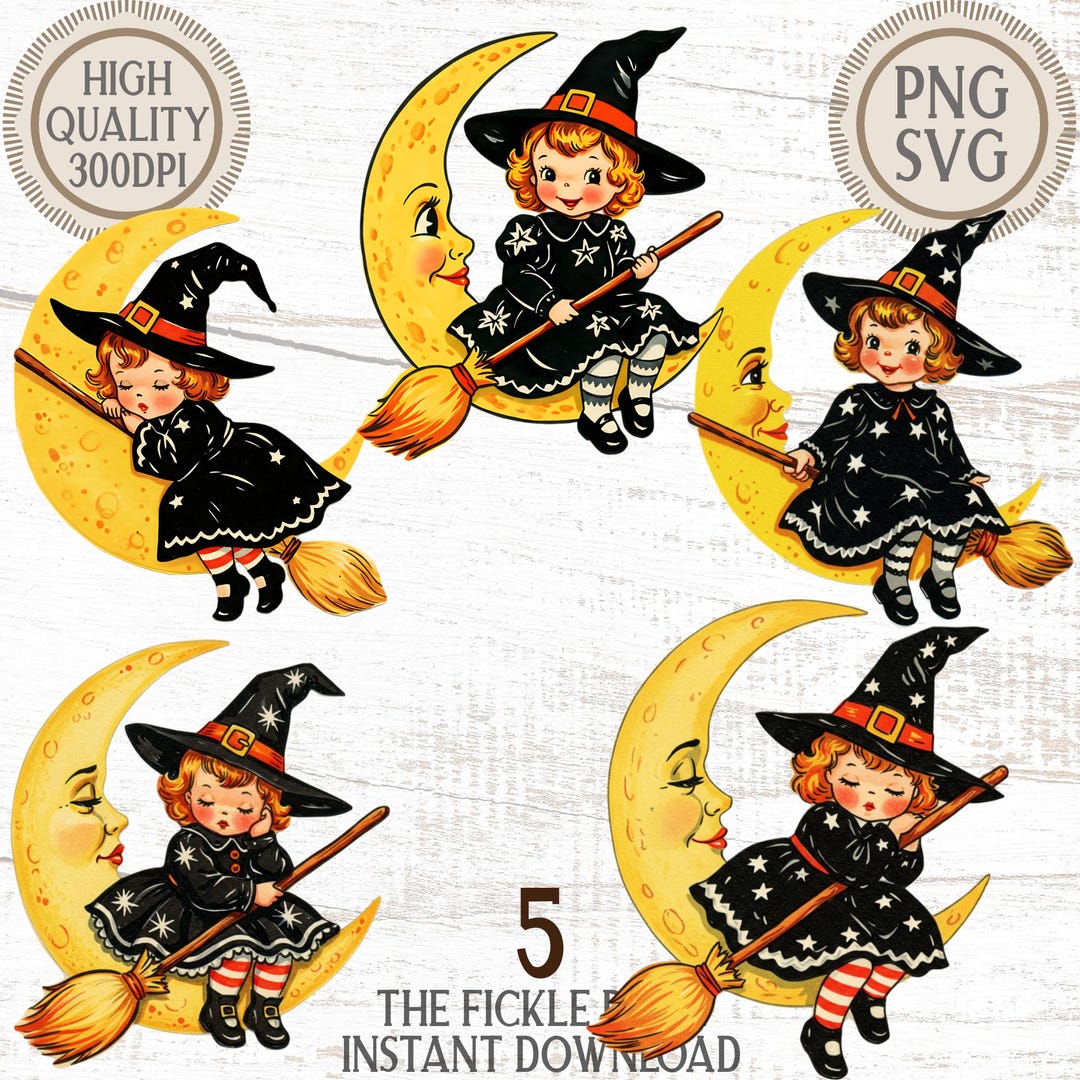 Retro Halloween Witch Girl Bundle PNG | 5 Crescent Moon Cuties With ...