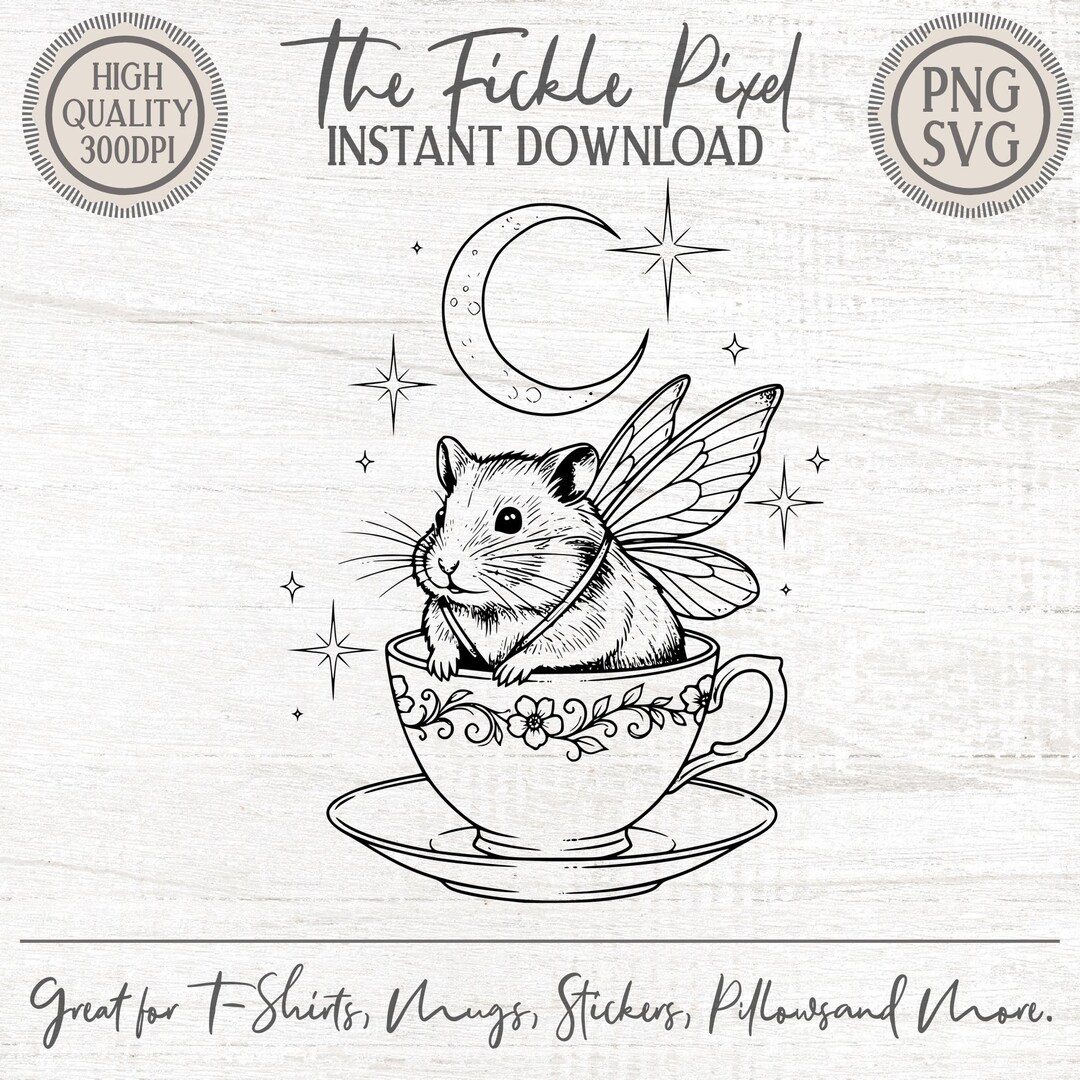 Fairy Hamster Teacup Clipart, Whimsical Pet Line Art (PNG SVG Digital ...