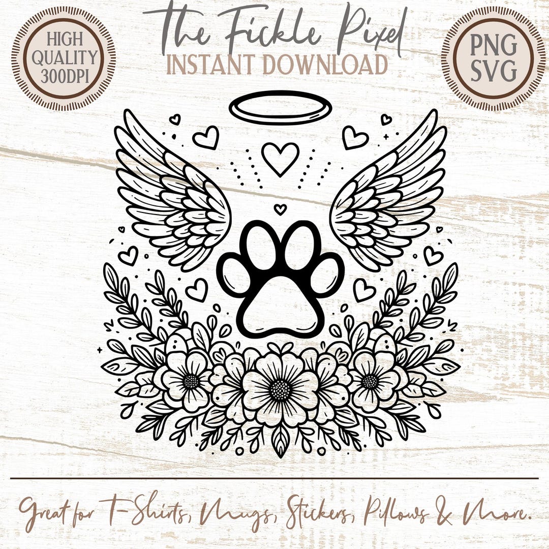 Pet Memorial Paw Print With Angel Wings PNG • Halo and Hearts Clipart ...