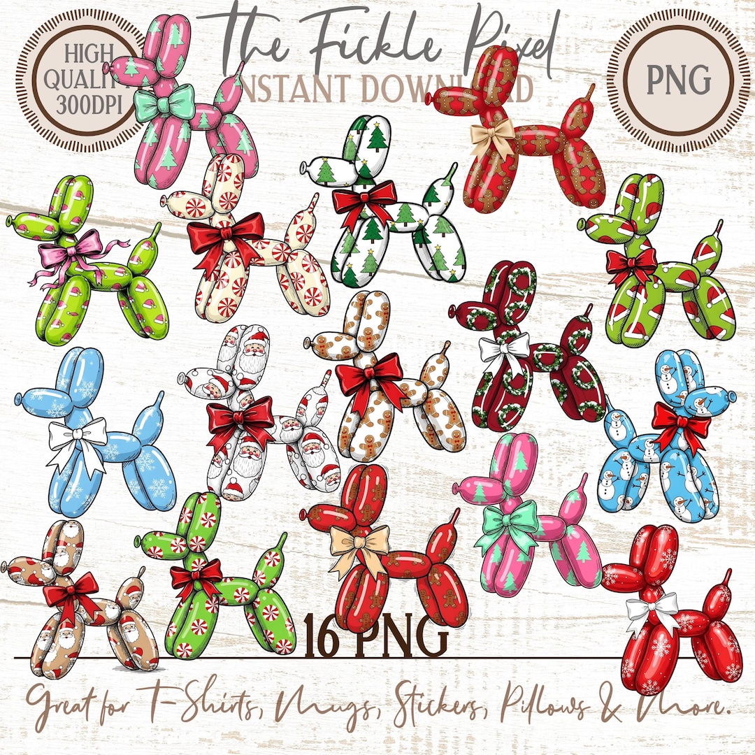 Christmas Balloon Dog 16 PNG Bundle, Holiday Balloon Animal Clipart ...